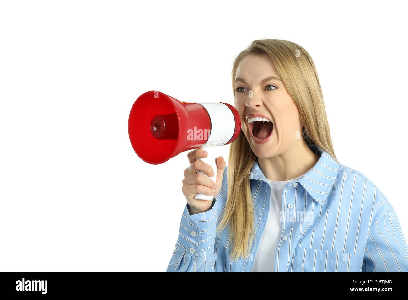 Young woman with megaphone, isolated on white background Stock Photo ...