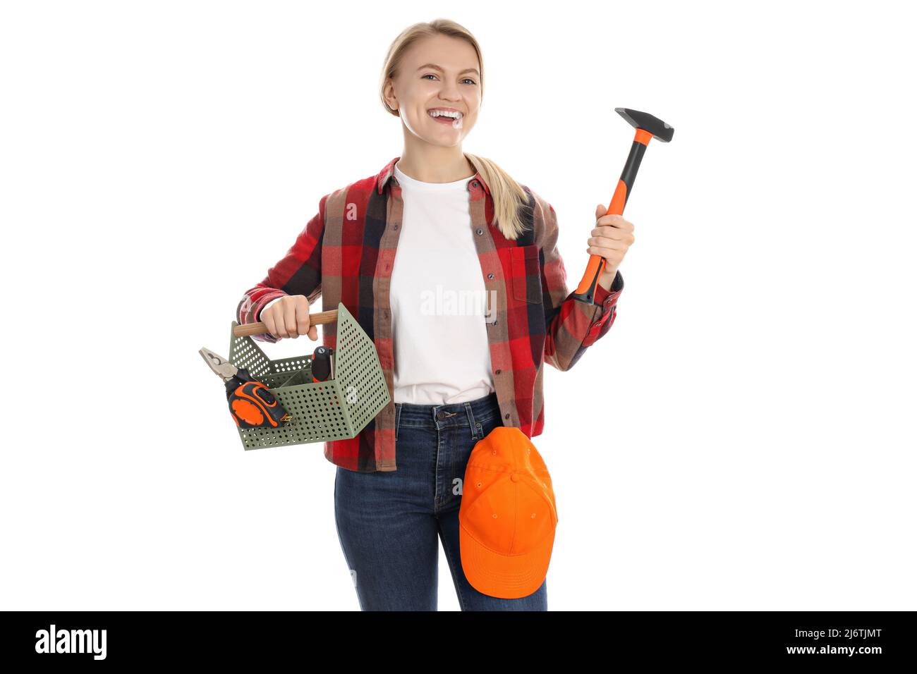 Concept of occupation, young woman with tools isolated on white ...