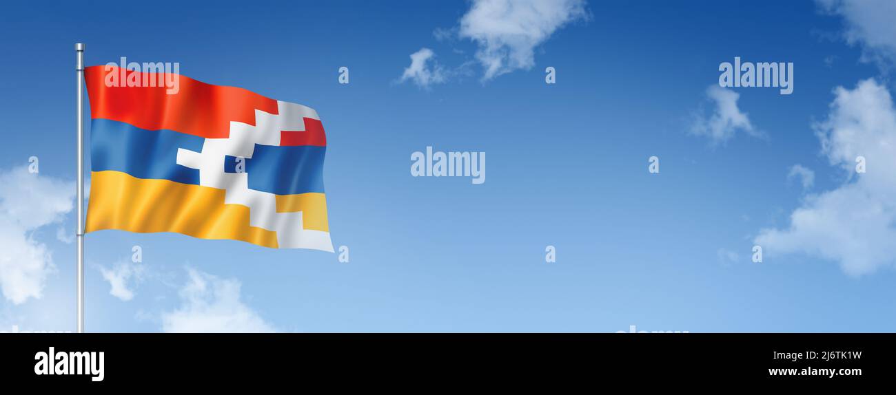 Nagorno-Karabakh flag, three dimensional render, isolated on a blue sky. Horizontal banner. 3D ...