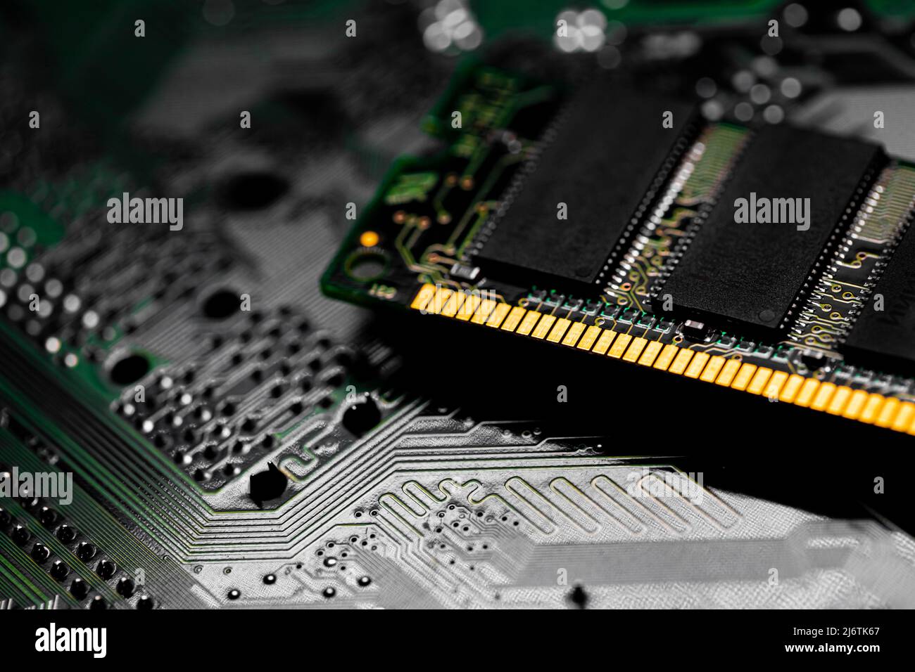 Macro Close up of computer RAM chip; random access memory chip slot for ... Macro Close up of computer RAM chip; random access memory chip slot for ...