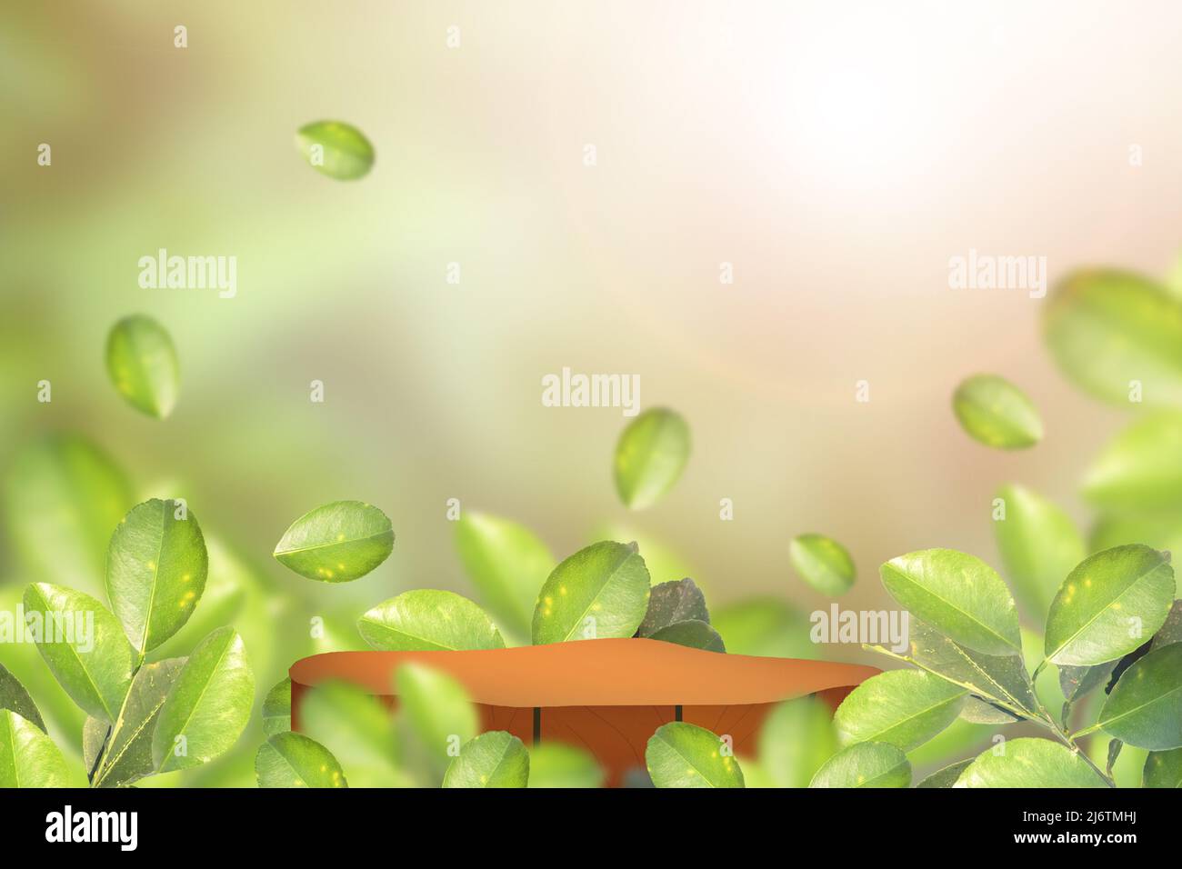 A background of a natural lemon garden with flying leaves and trunks of ...