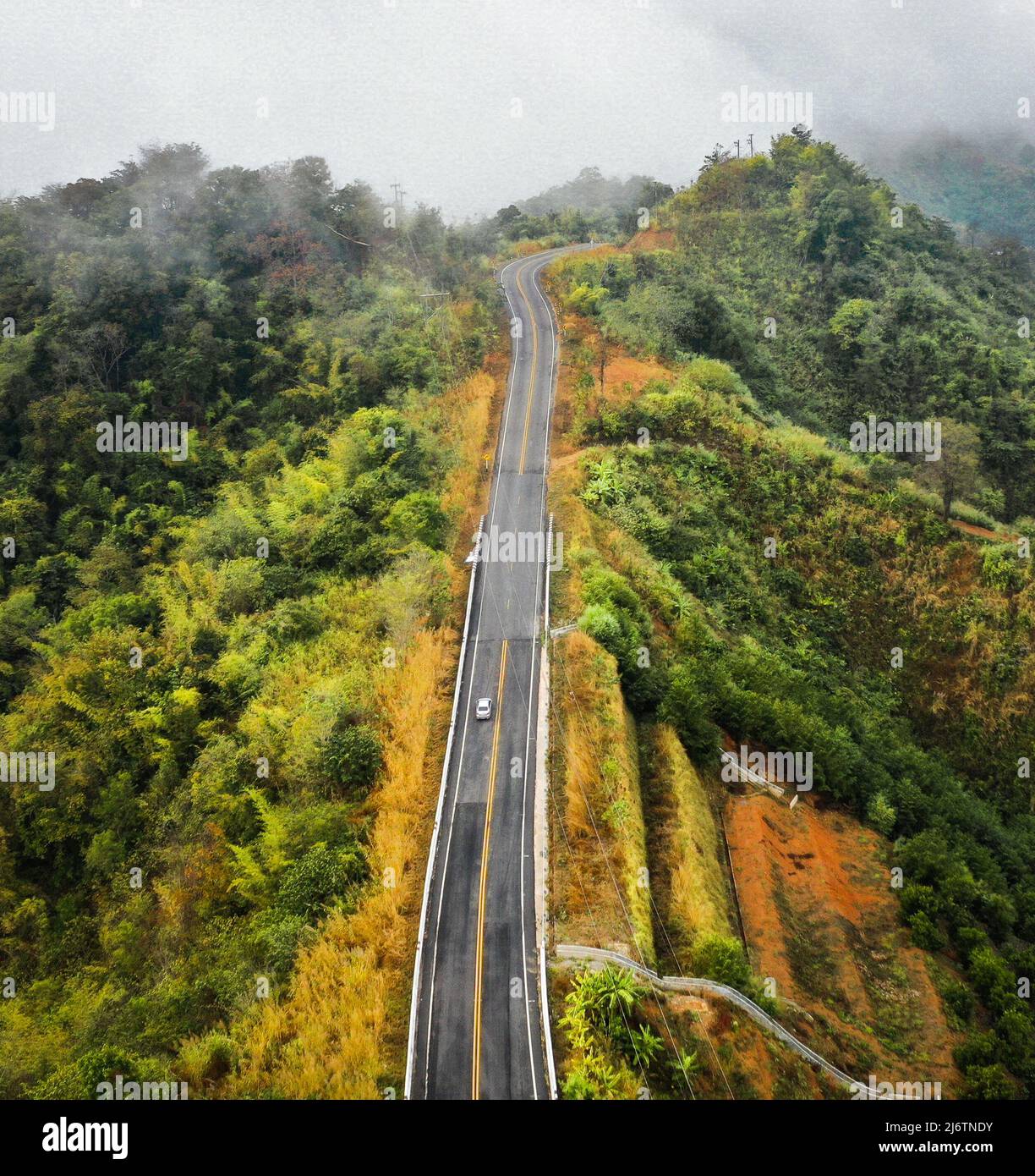 Aerial view of Curvy road number 3 in the mountain of Pua district, Nan ...