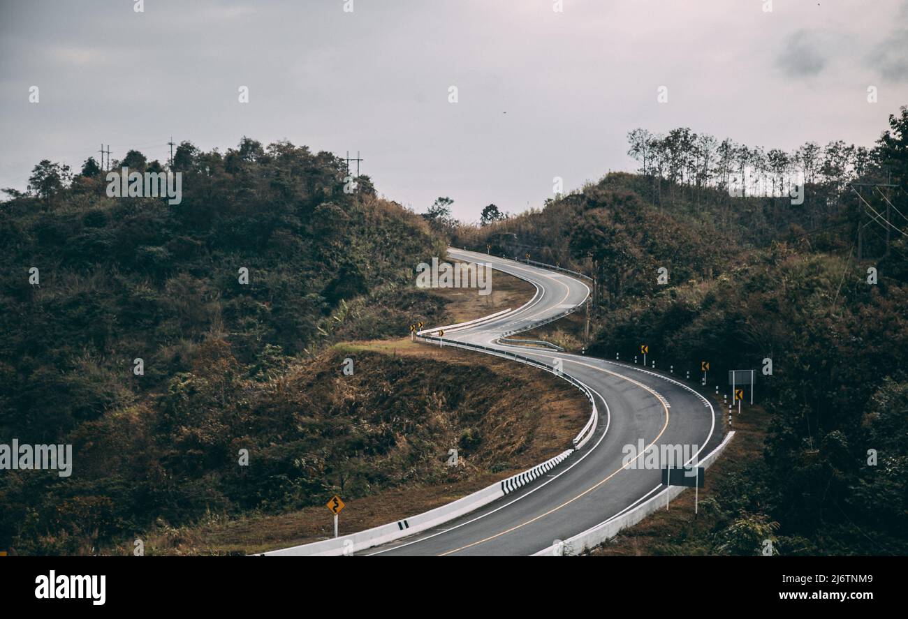Aerial view of Curvy road number 3 in the mountain of Pua district, Nan ...