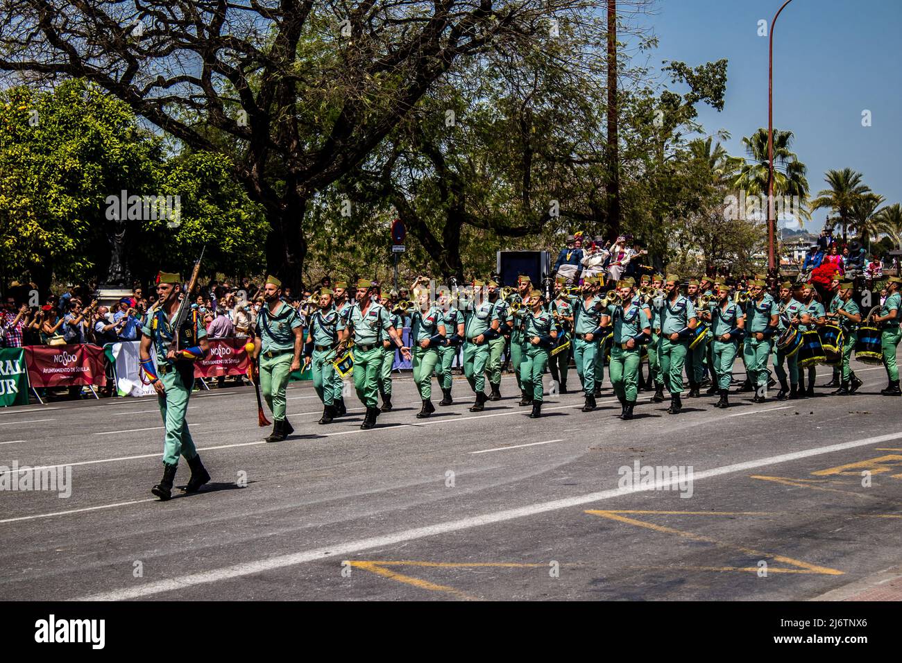 Seville, Spain - May 01, 2022 Parade of professional soldiers from the ...