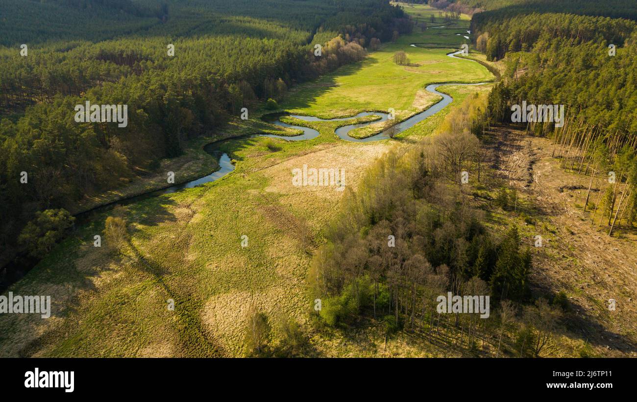 Aerial view of river valley in beautiful spring light, Czech republic ...