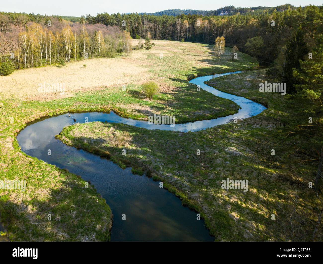 Aerial view of river valley in beautiful spring light, Czech republic ...