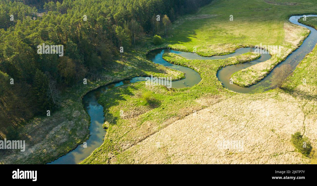 Aerial view of river valley in beautiful spring light, Czech republic ...