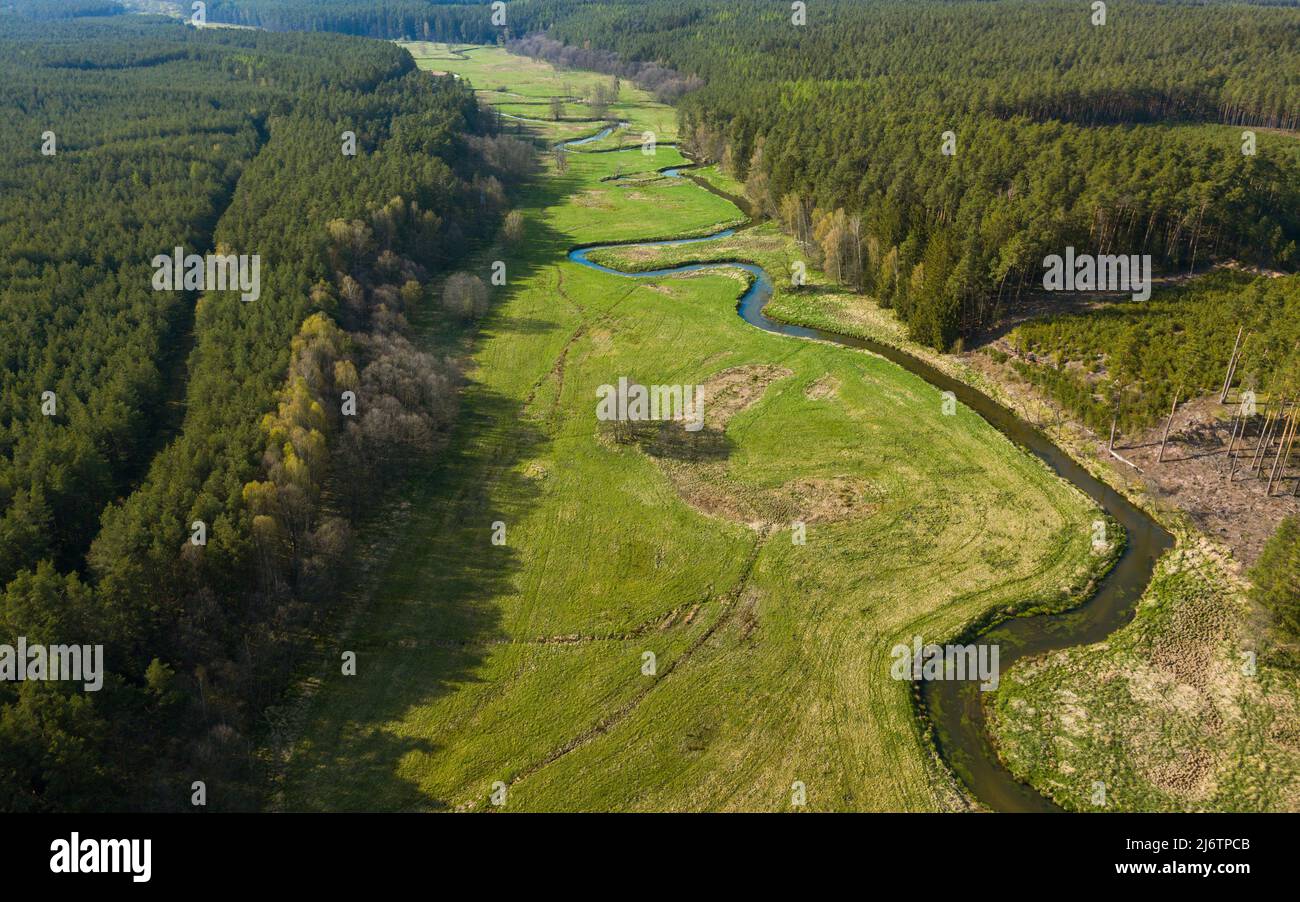 Aerial view of river valley in beautiful spring light, Czech republic ...