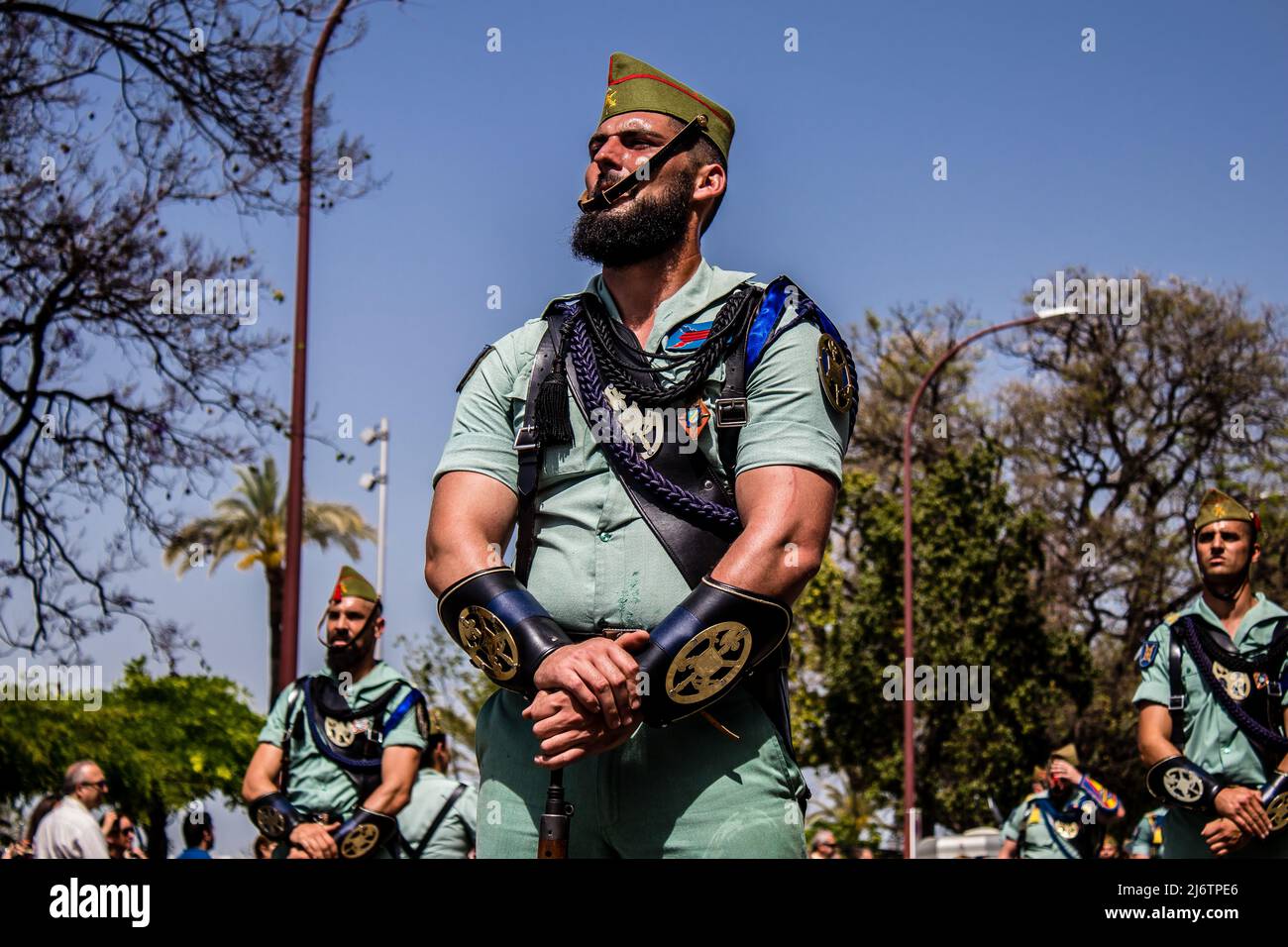 Seville, Spain - May 01, 2022 Parade of professional soldiers from the ...