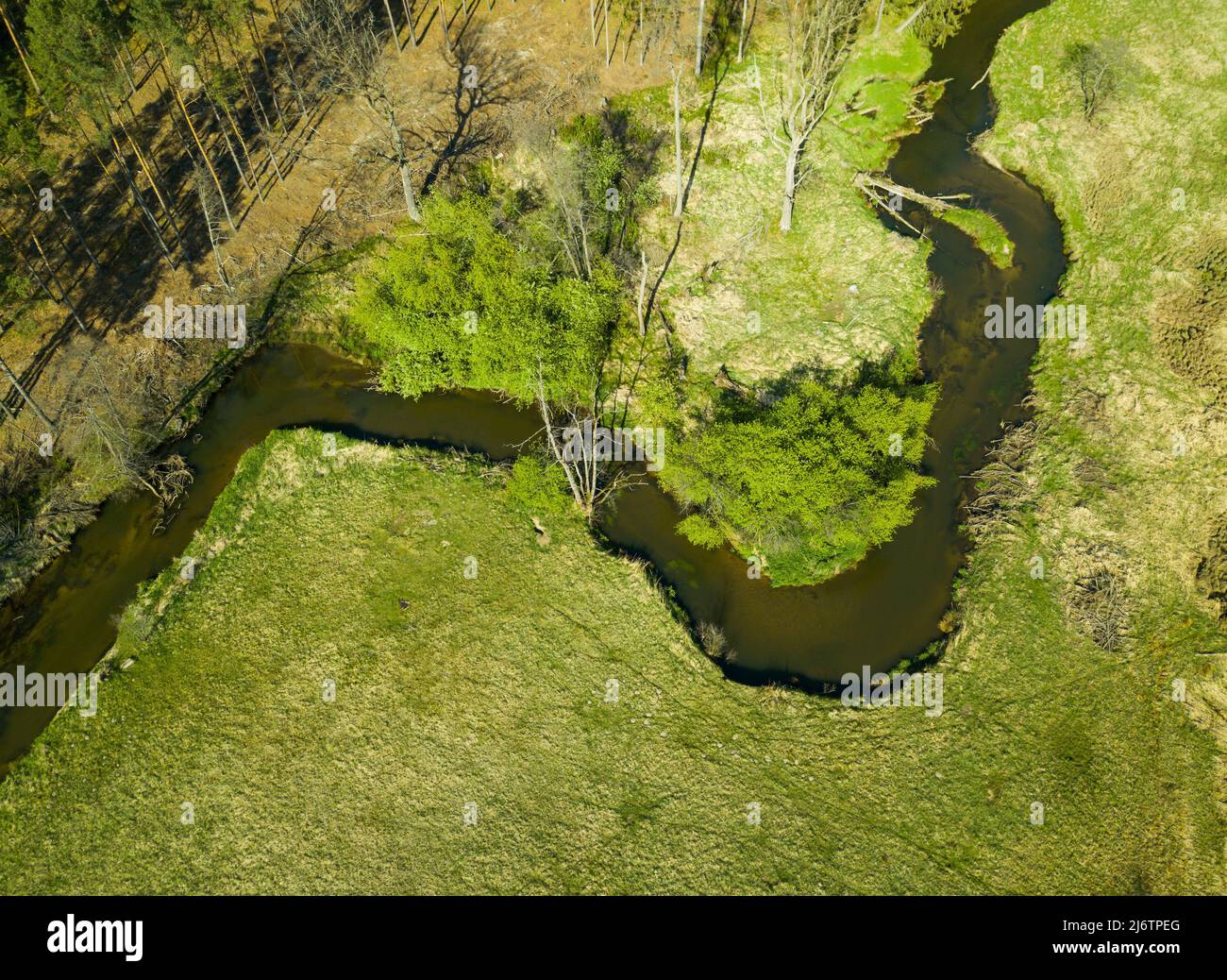 Aerial view of river valley in beautiful spring light, Czech republic ...