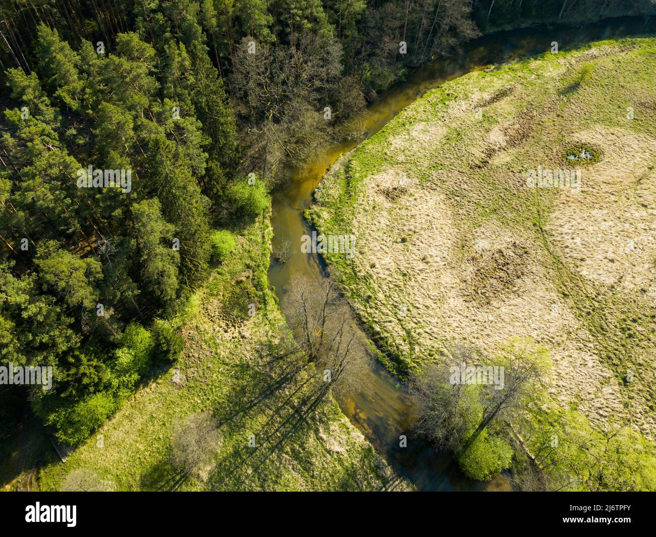 Aerial view of river valley in beautiful spring light, Czech republic ...