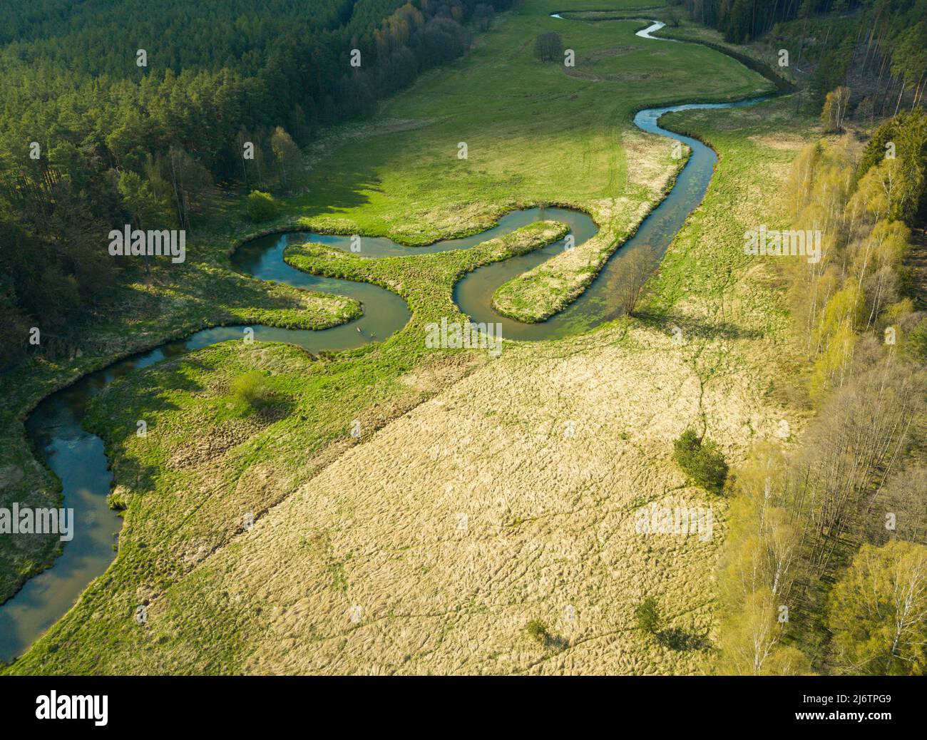 Aerial view of river valley in beautiful spring light, Czech republic ...