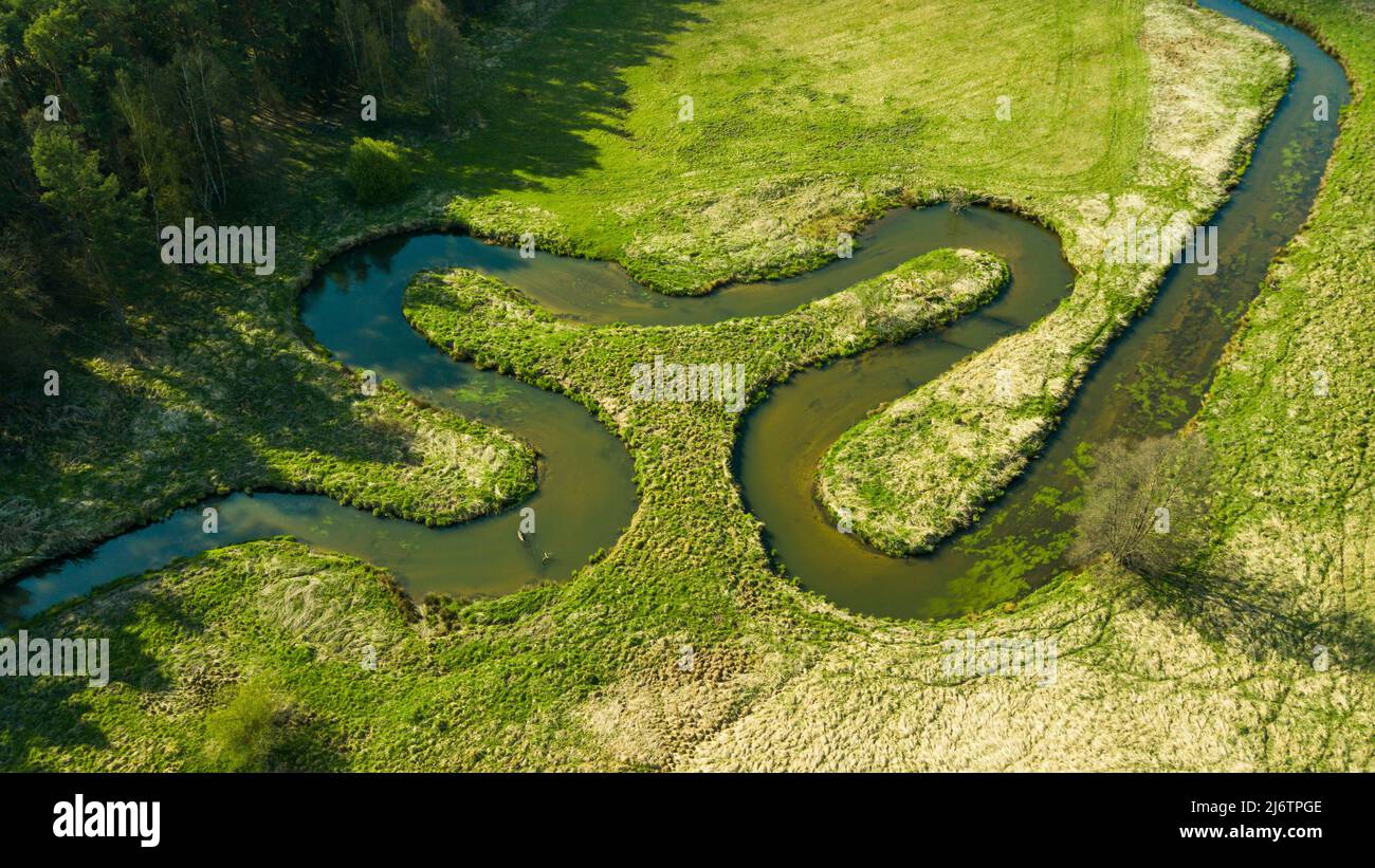Aerial view of river valley in beautiful spring light, Czech republic ...