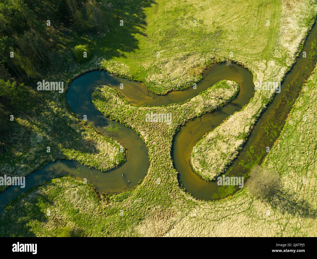 Aerial view of river valley in beautiful spring light, Czech republic ...