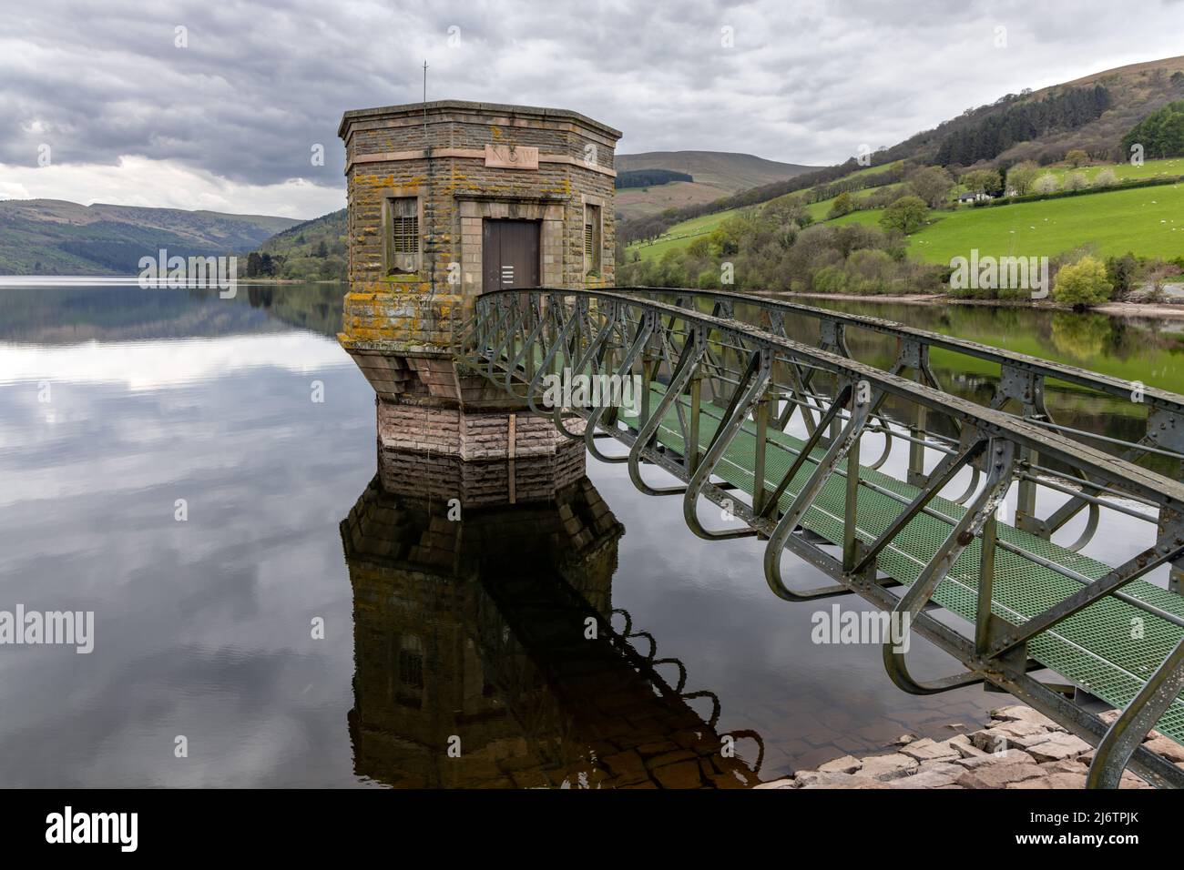 The draw-off tower at Talybont Reservoir in the Brecon Beacons National ...
