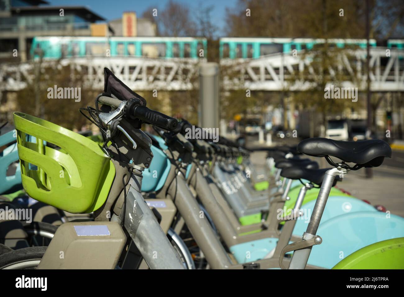 view of rental bikes in urban setting in France Stock Photo - Alamy