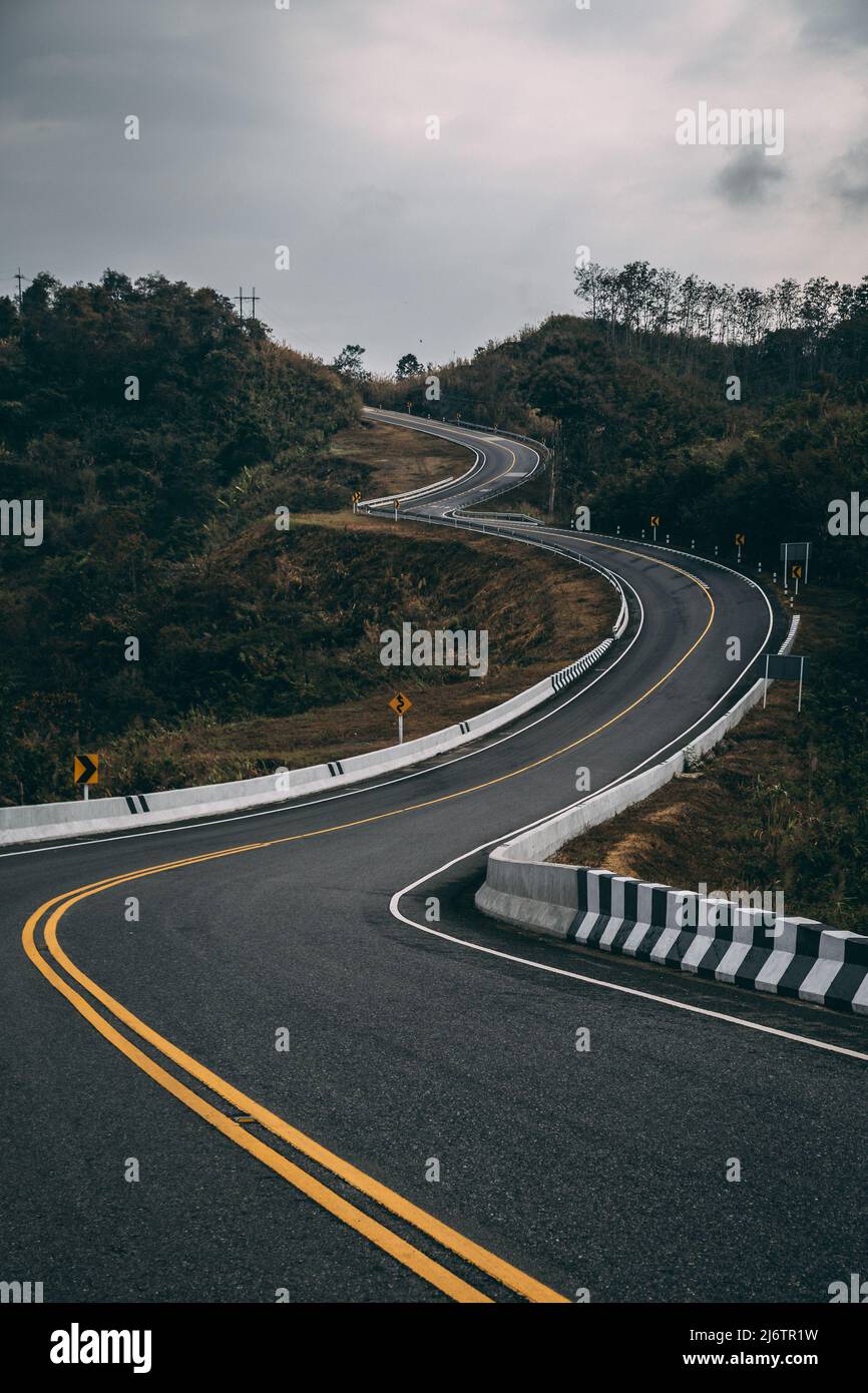Aerial view of Curvy road number 3 in the mountain of Pua district, Nan ...