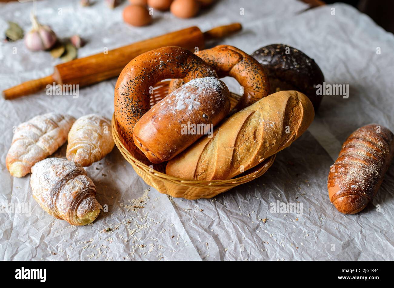 Still life of bread products Stock Photo - Alamy
