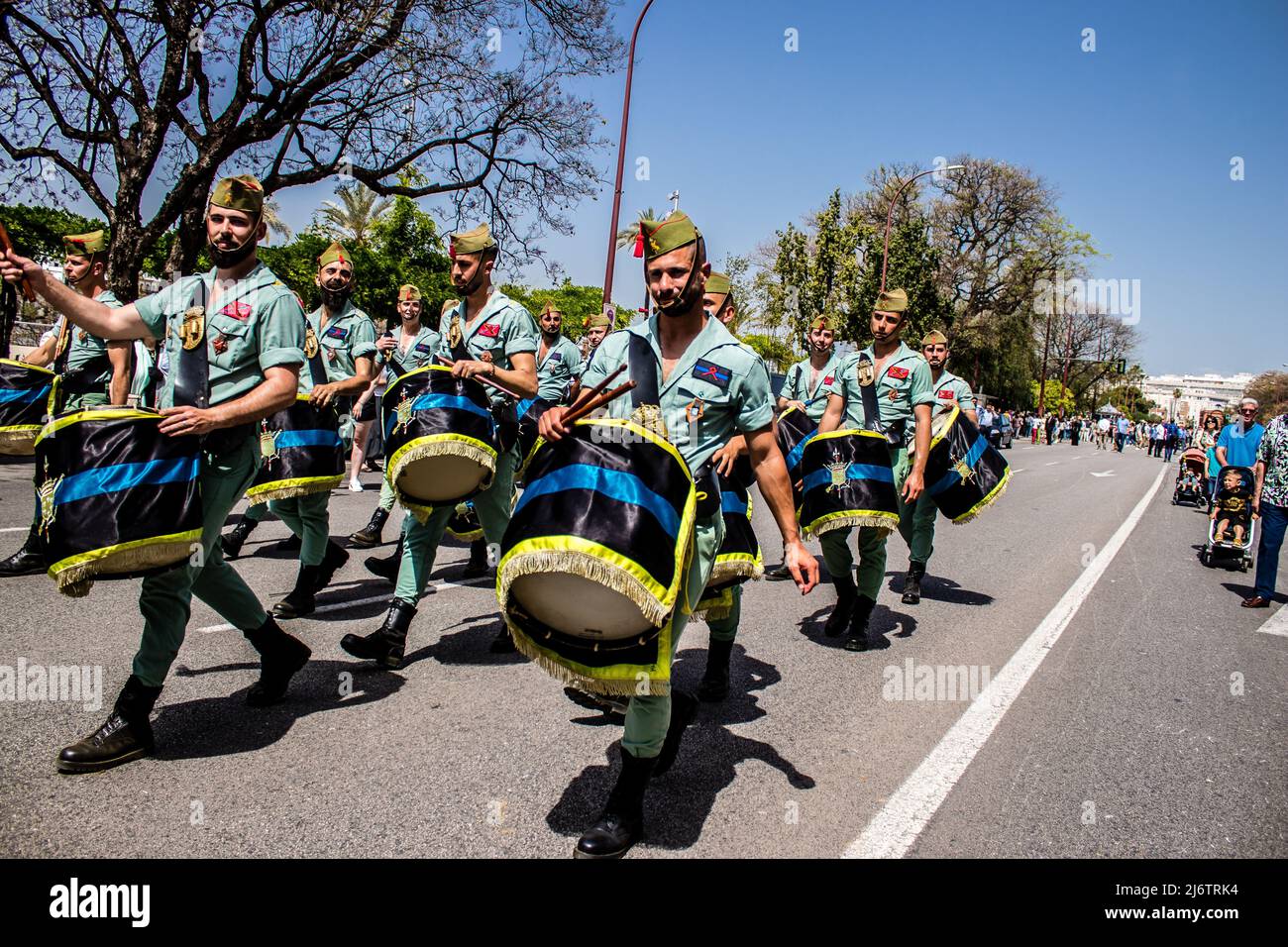 Seville, Spain - May 01, 2022 Parade of professional soldiers from the ...