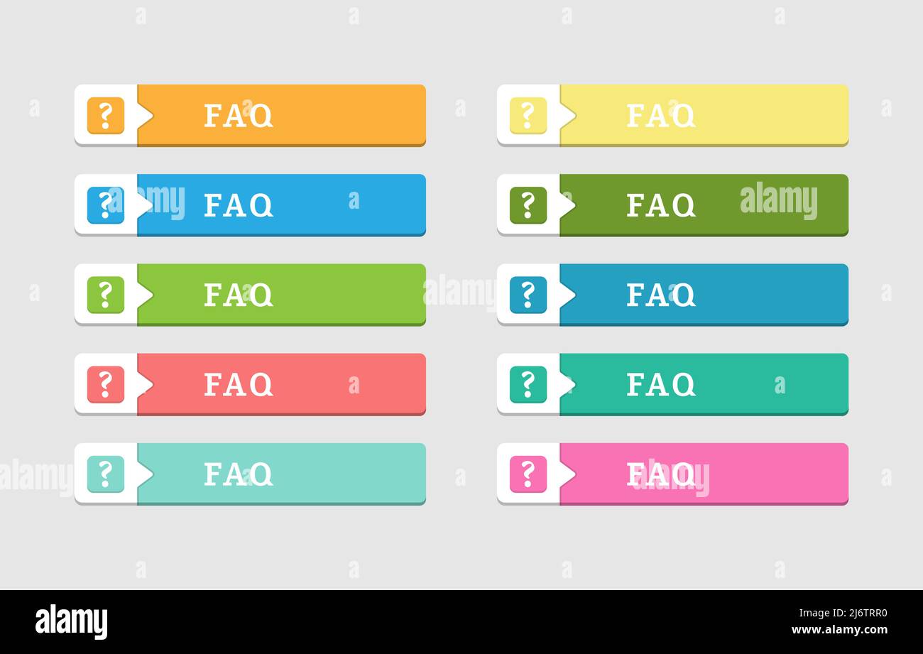 set of colored buttons labeled FAQ and question mark. Flat style Stock ...
