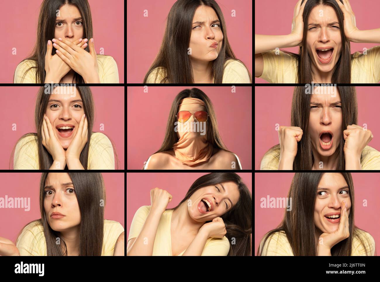 a collage from a portrait of the same woman with different emotions on ...