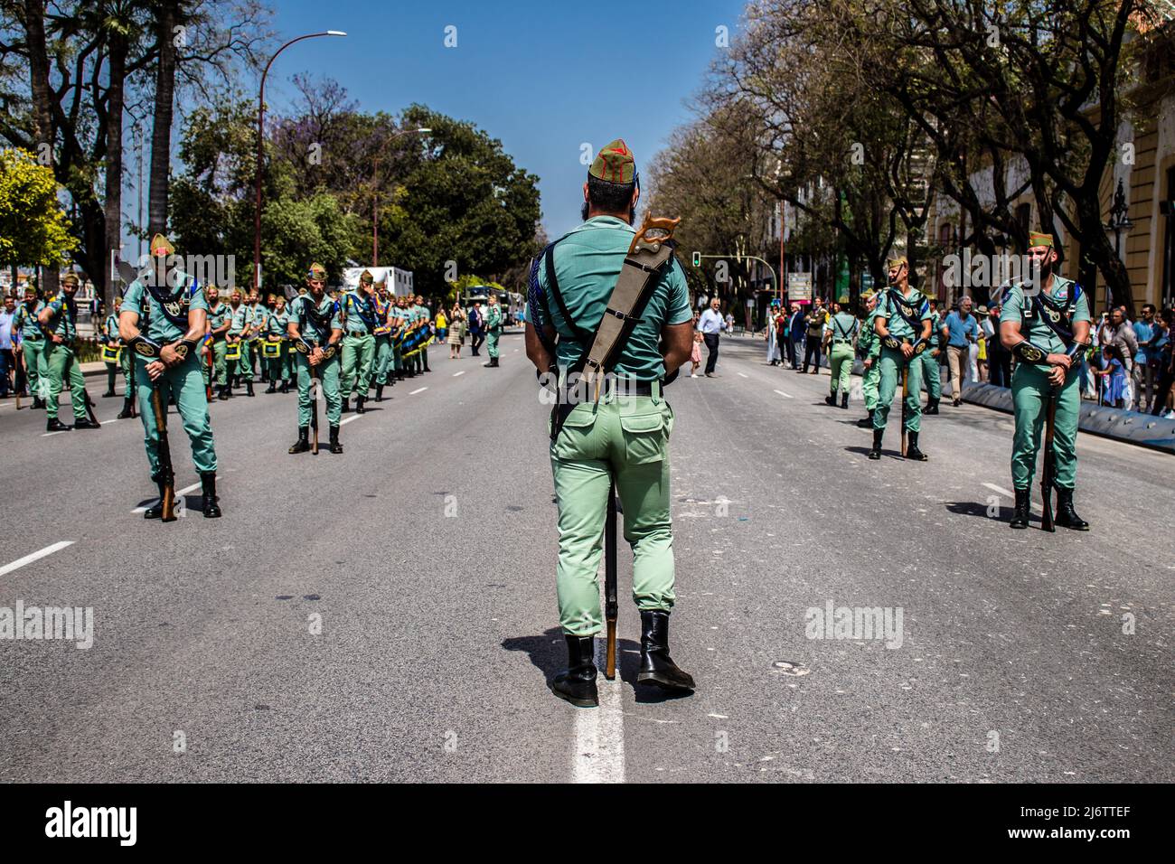 Seville, Spain - May 01, 2022 Parade of professional soldiers from the ...