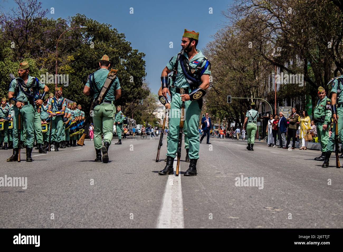 Seville, Spain - May 01, 2022 Parade of professional soldiers from the ...