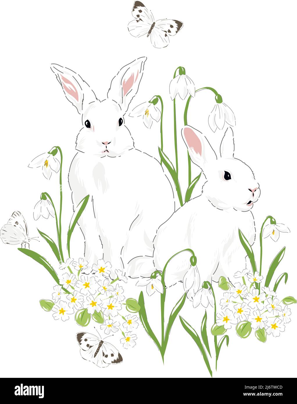 Cute bunny in Spring Bloomy garden with Snowdrops florals and butterfly ...
