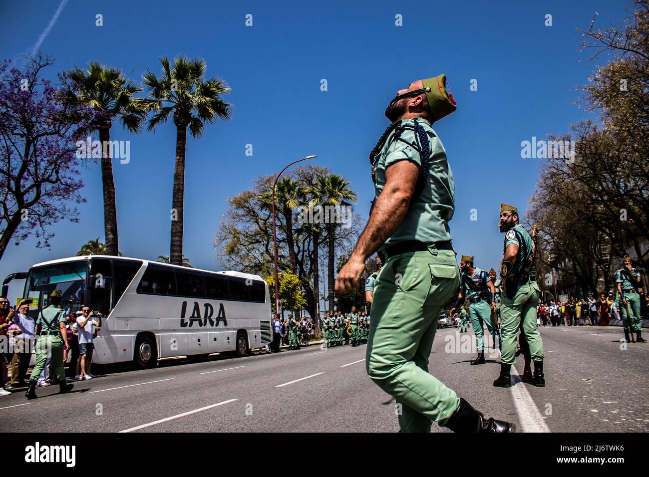 Seville, Spain - May 01, 2022 Parade of professional soldiers from the ...