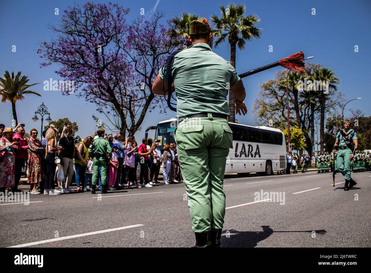 Seville, Spain - May 01, 2022 Parade of professional soldiers from the ...
