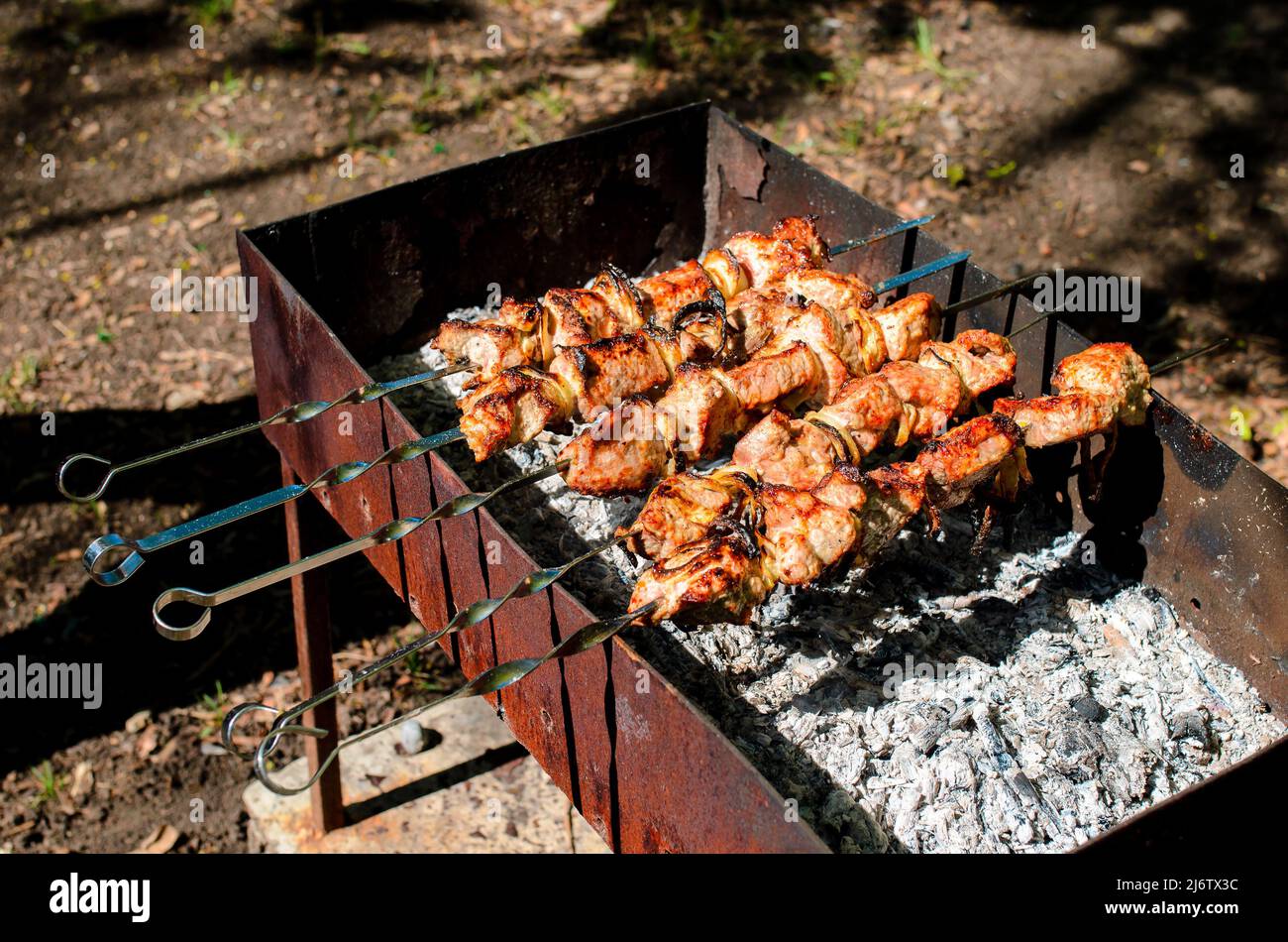 Cooking barbecue in nature. Camping and picnic Stock Photo - Alamy