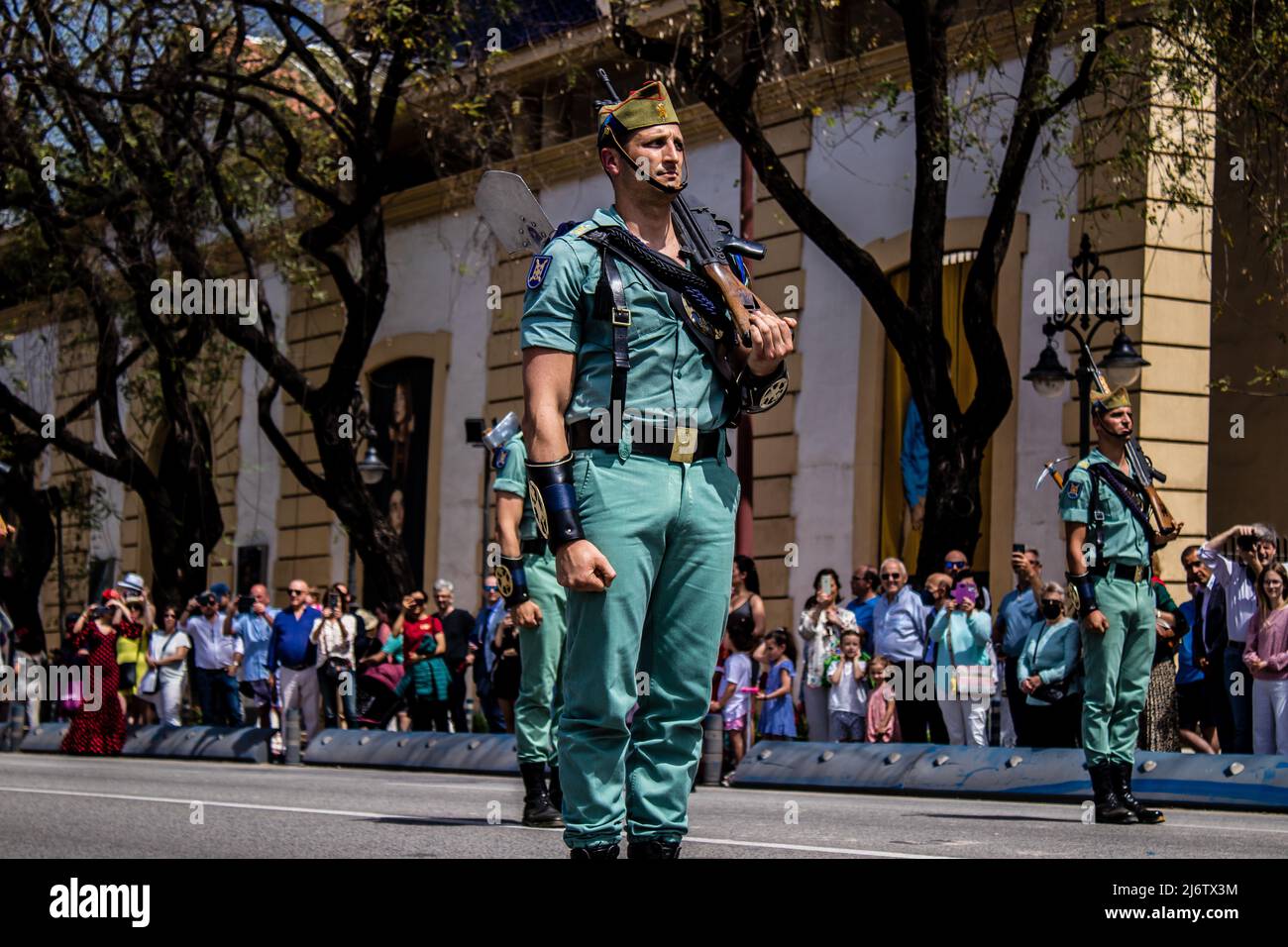 Seville, Spain - May 01, 2022 Parade of professional soldiers from the ...