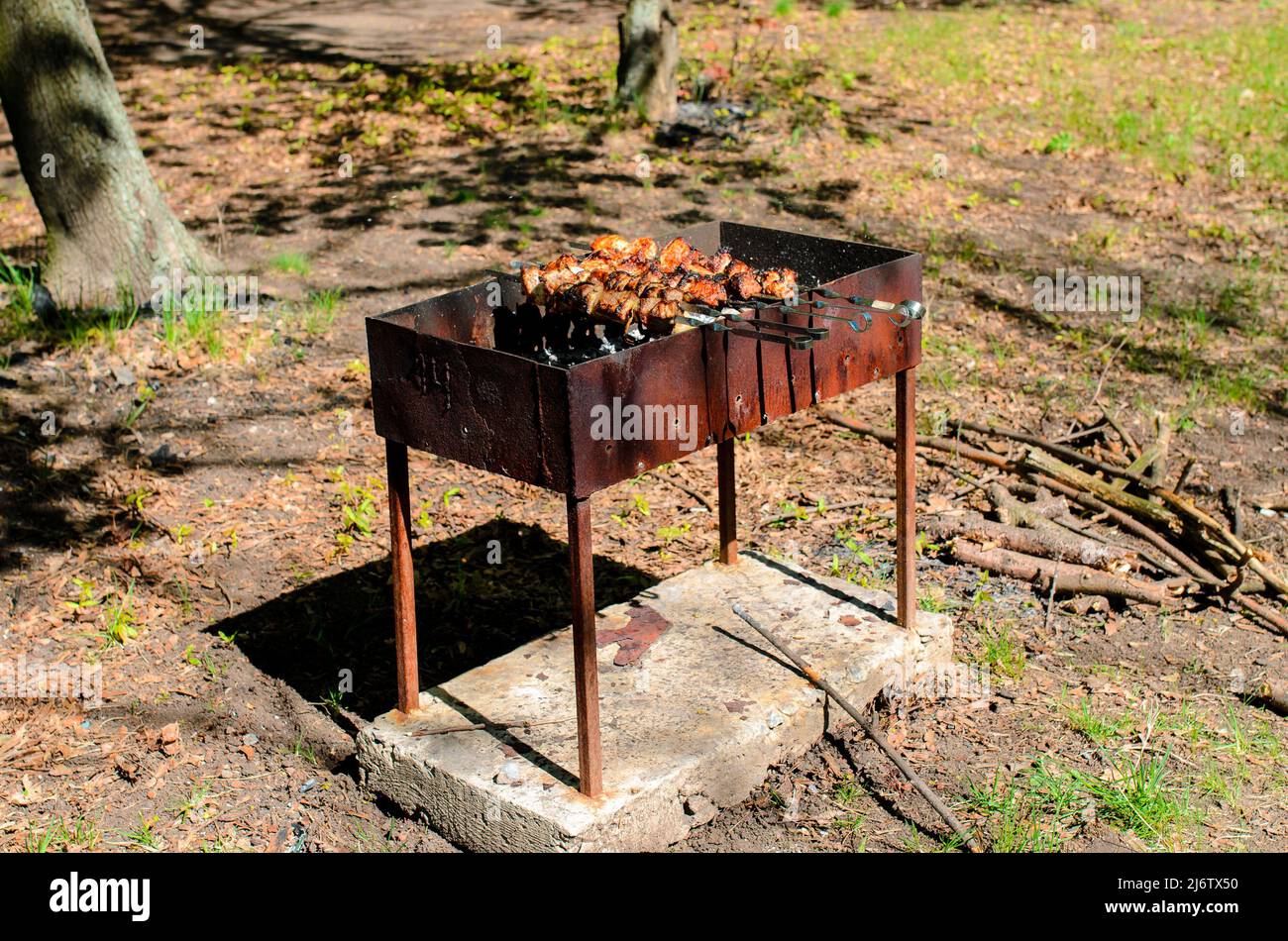 Cooking barbecue in nature. Camping and picnic Stock Photo - Alamy