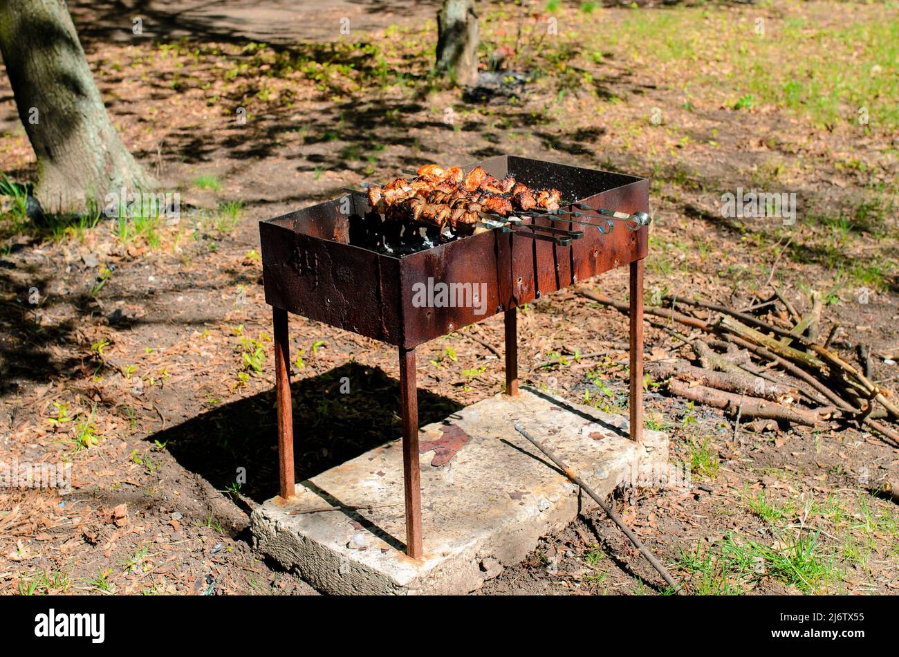 Cooking barbecue in nature. Camping and picnic Stock Photo - Alamy