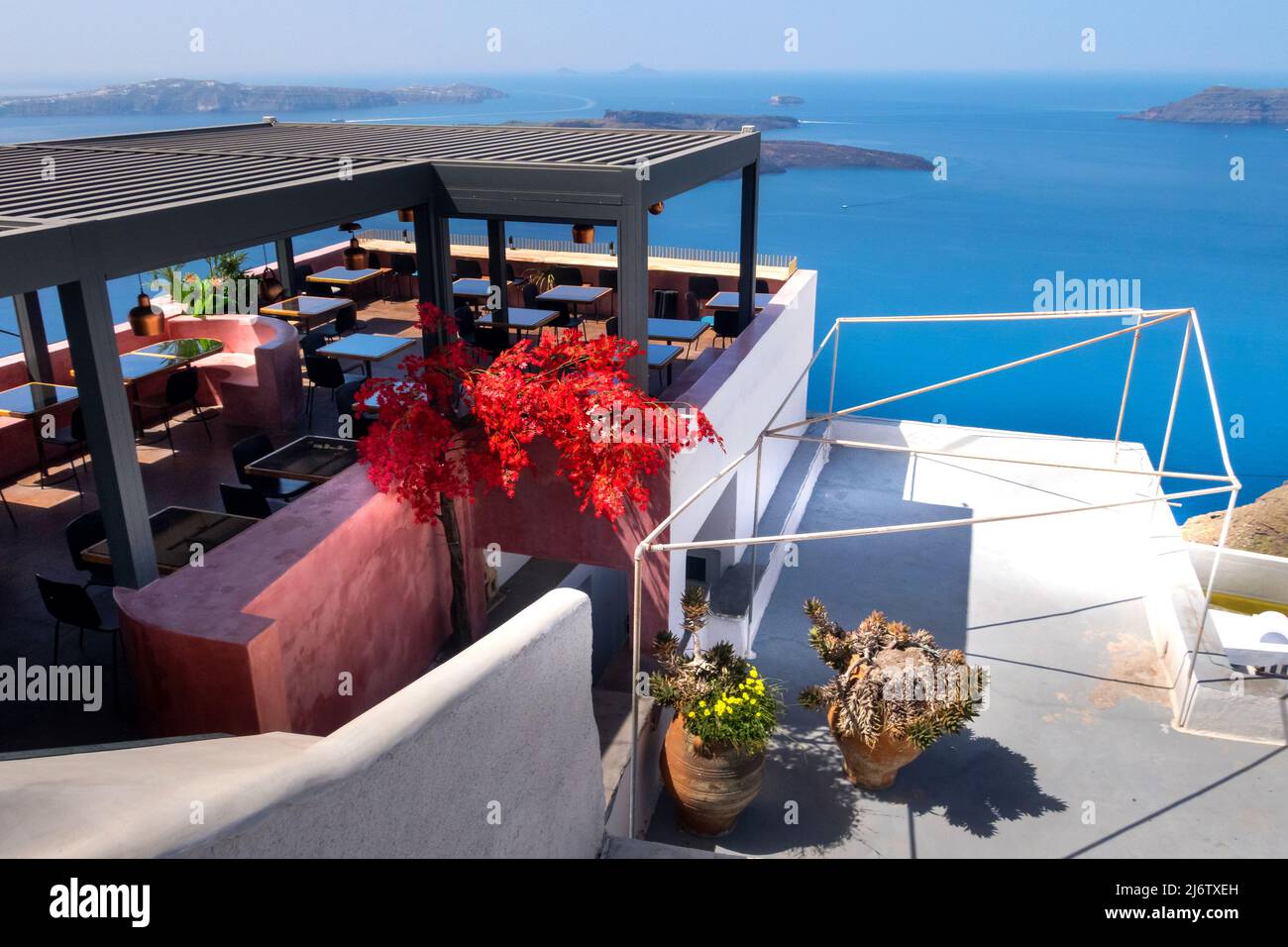 Santorini, Greece terrace with sea view cafe, volcano island and sea ...