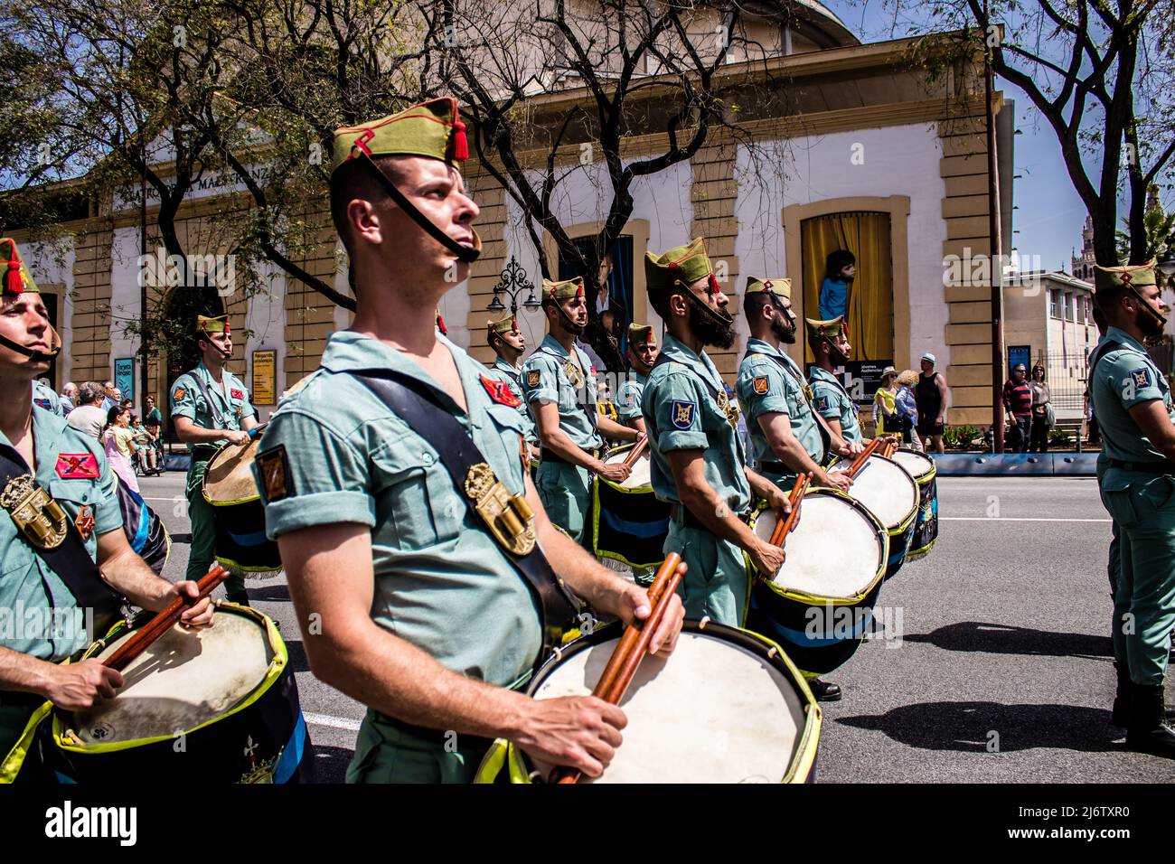 Seville, Spain - May 01, 2022 Parade of professional soldiers from the ...