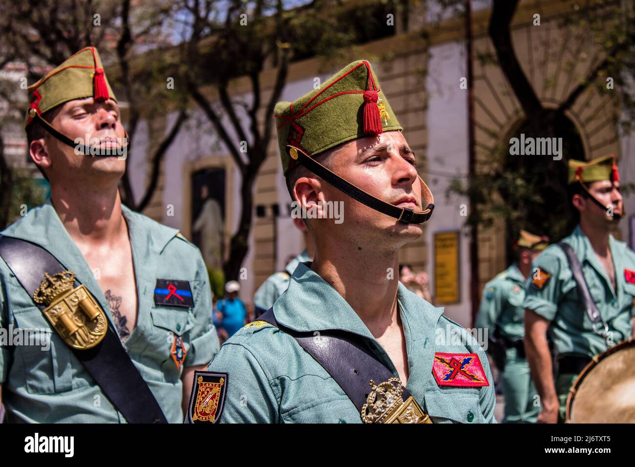 Seville, Spain - May 01, 2022 Parade of professional soldiers from the ...