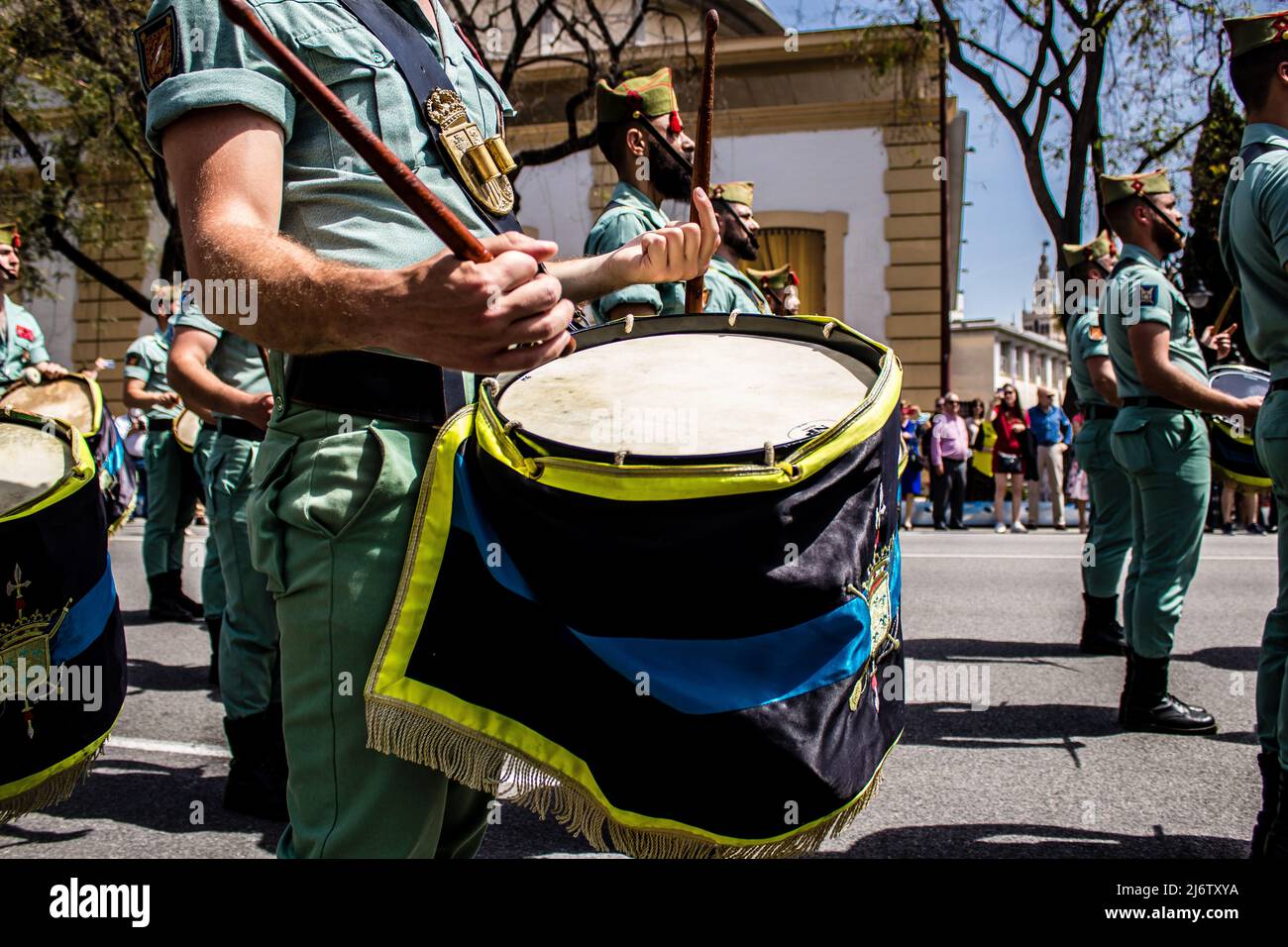 Seville, Spain - May 01, 2022 Parade of professional soldiers from the ...