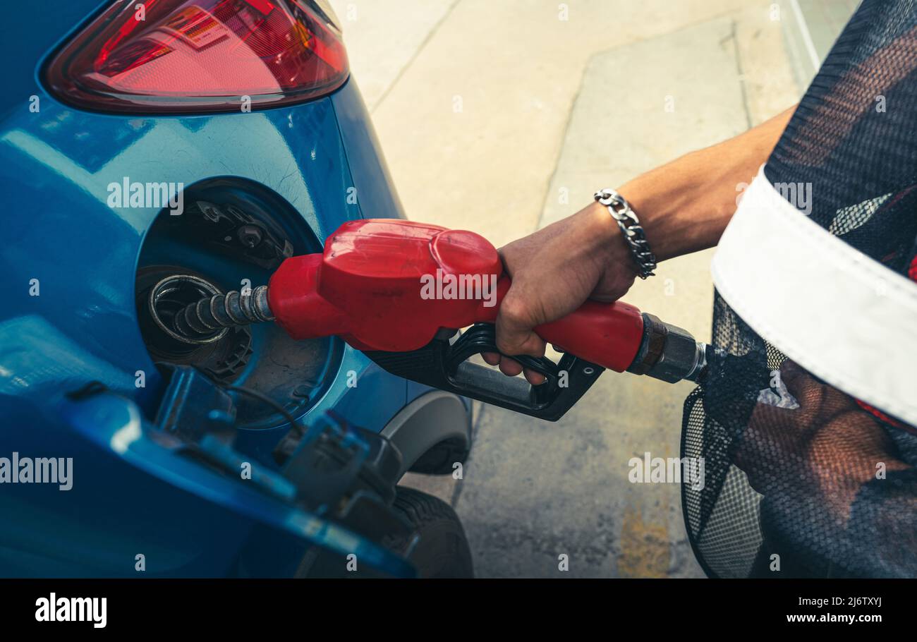 Car fueling at gas station. Refuel fill up with petrol gasoline. Petrol ...