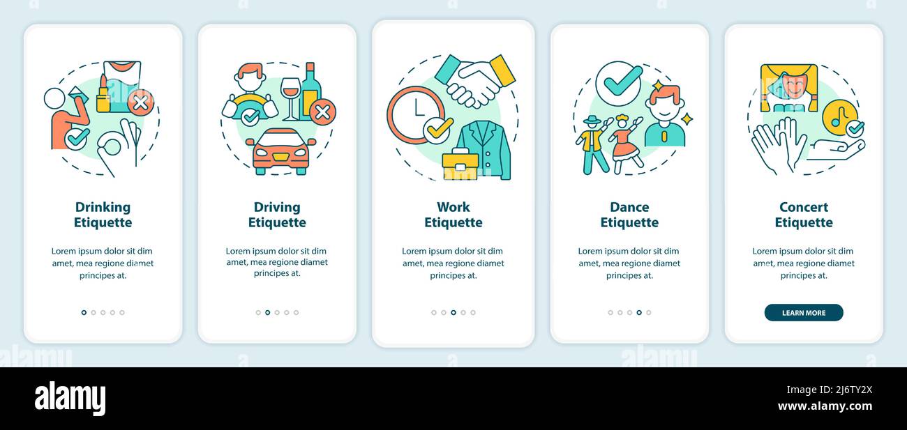 Types of etiquette onboarding mobile app screen Stock Vector Image ...