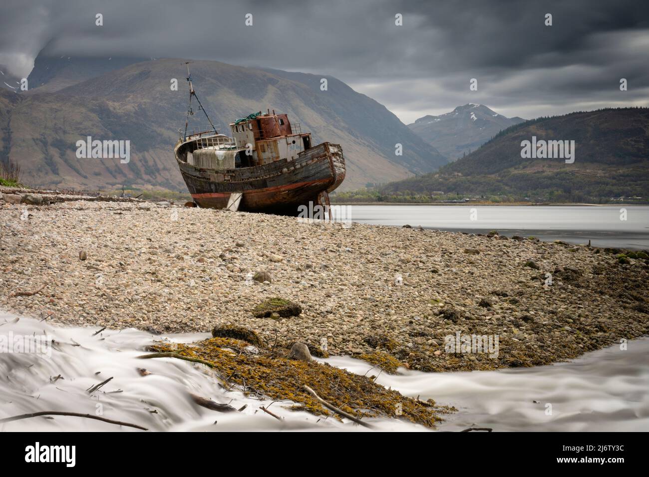 The "famous" Corpach Wreck, or The Old Boat of Caol, sits on the shores ...