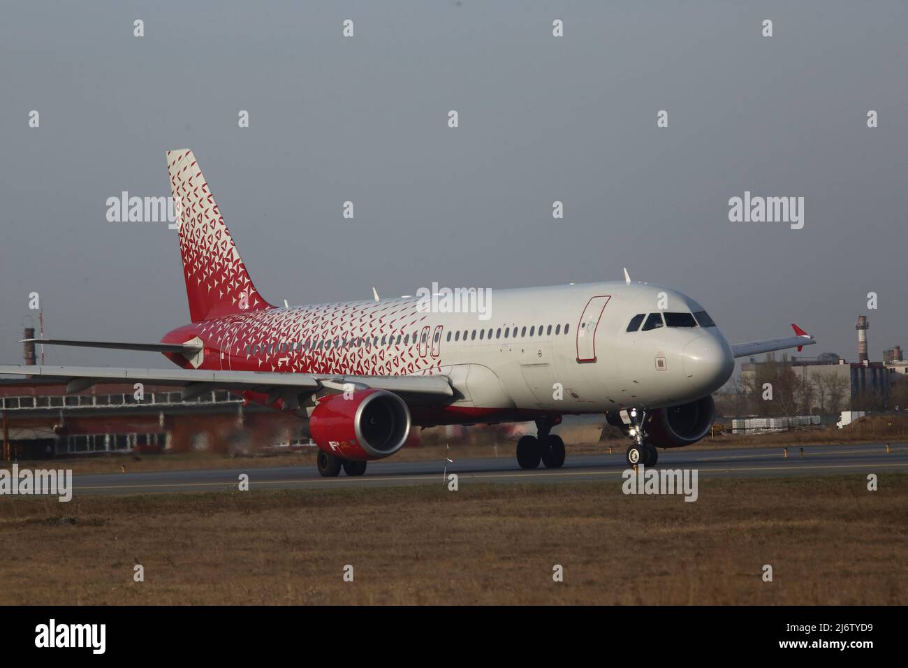 transportation concept - plane on bearing track in the airport Stock ...