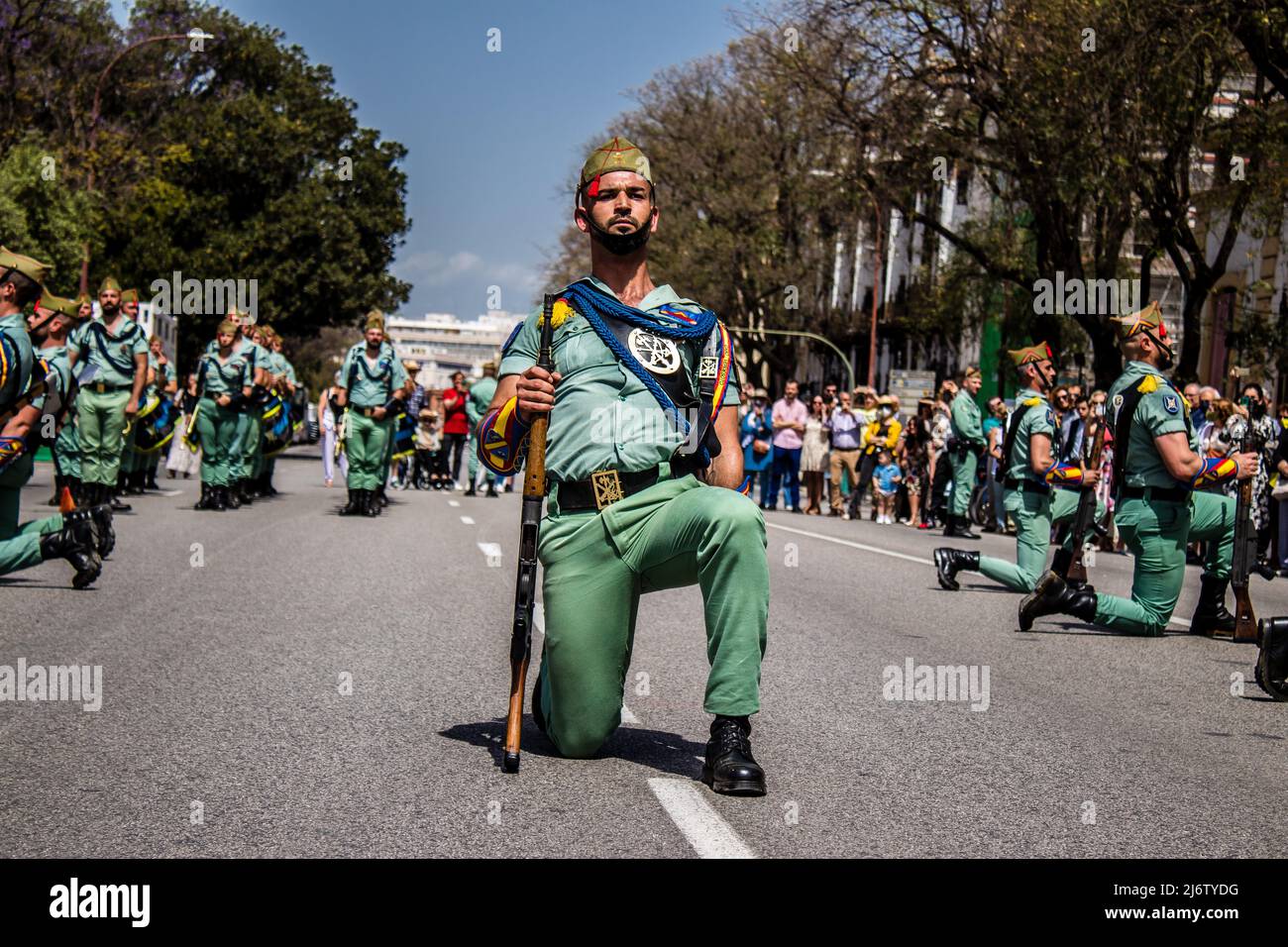Seville, Spain - May 01, 2022 Parade of professional soldiers from the ...