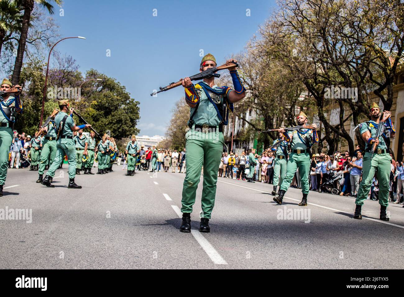 Seville, Spain - May 01, 2022 Parade of professional soldiers from the ...