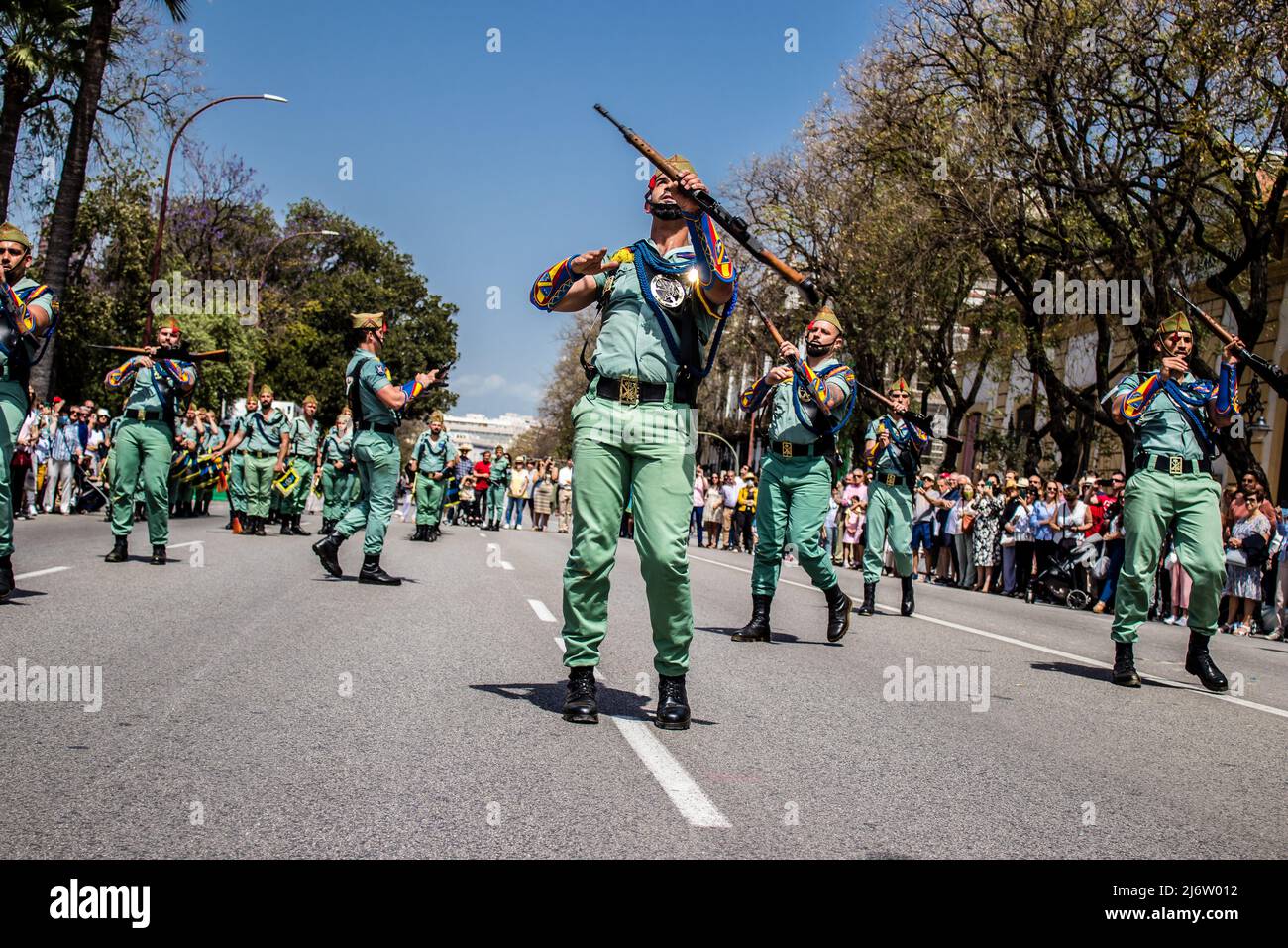 Seville, Spain - May 01, 2022 Parade of professional soldiers from the ...