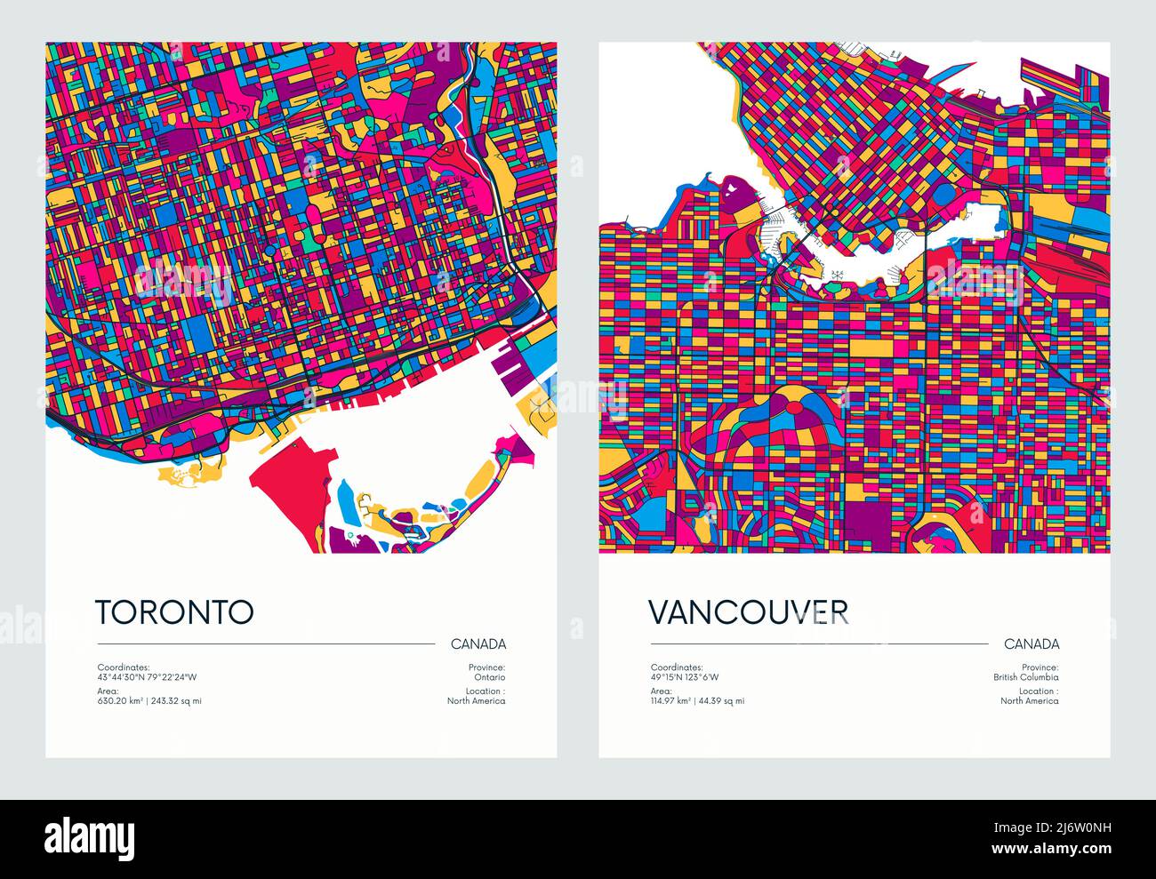 Color detailed road map, urban street plan city Toronto and Vancouver ...