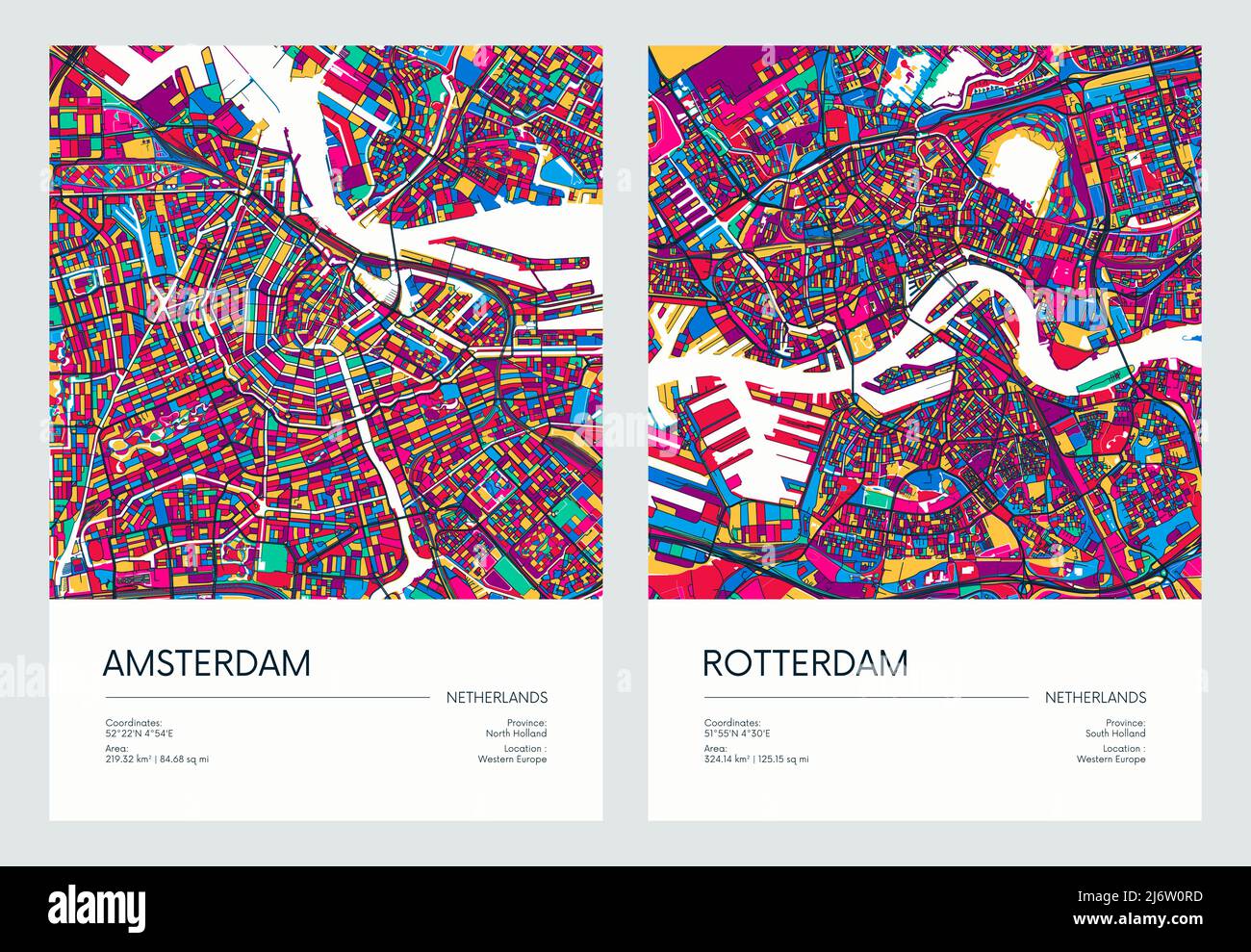 Color detailed road map, urban street plan city Amsterdam and Rotterdam ...