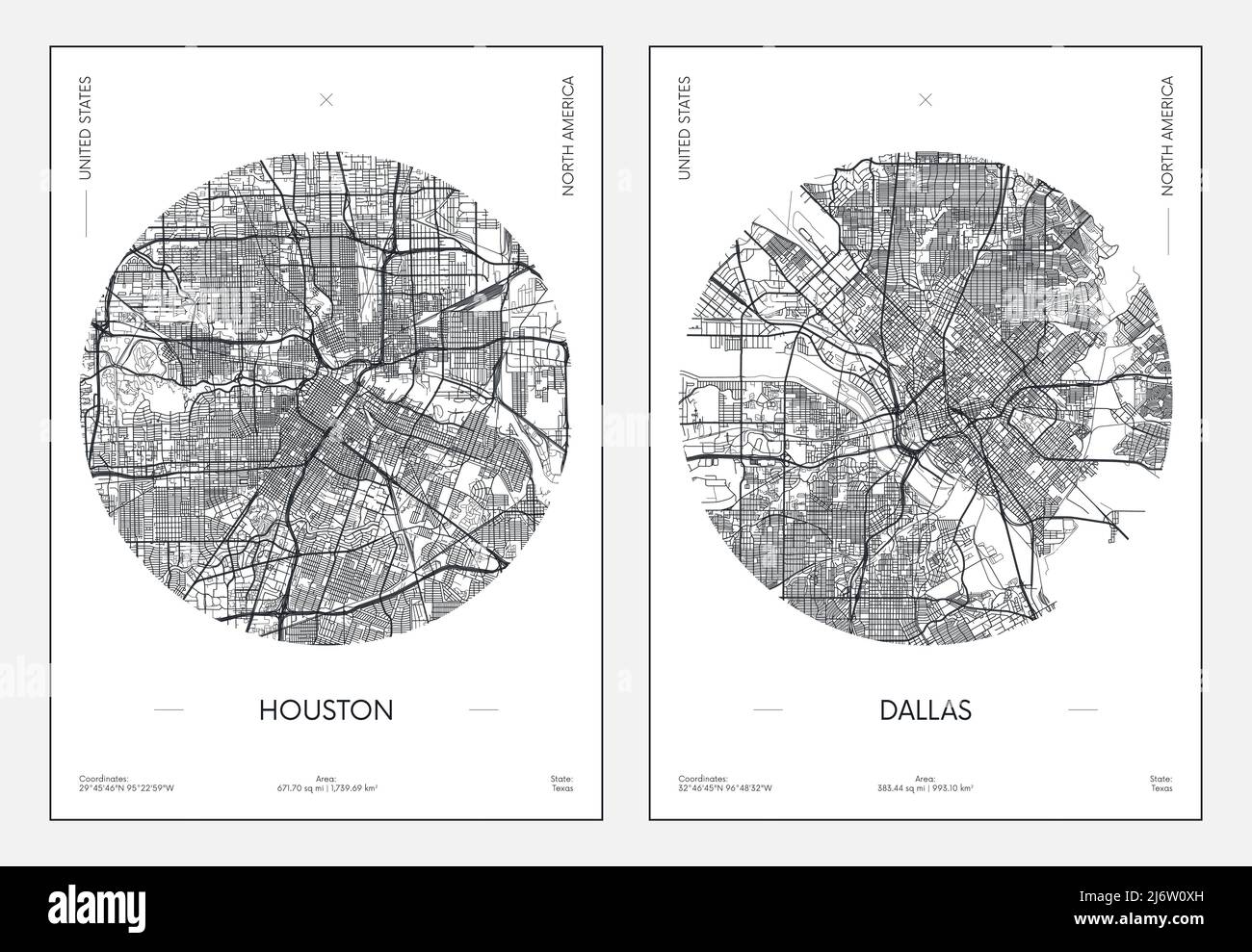 Travel poster, urban street plan city map Houston and Dallas, vector ...