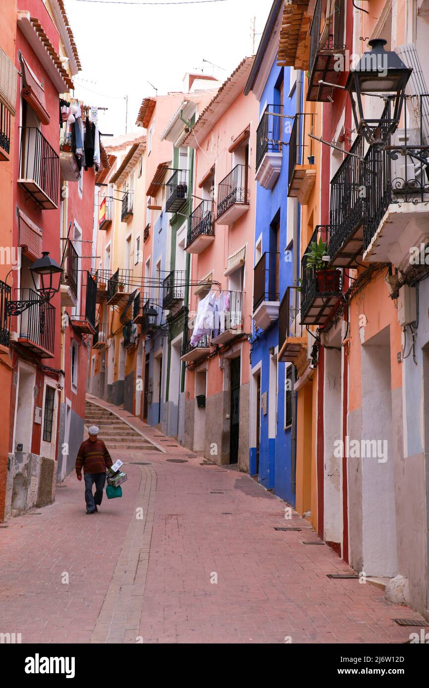 Villajoyosa, Alicante, Spain- April 22, 2022:Narrow cobbled street and ...