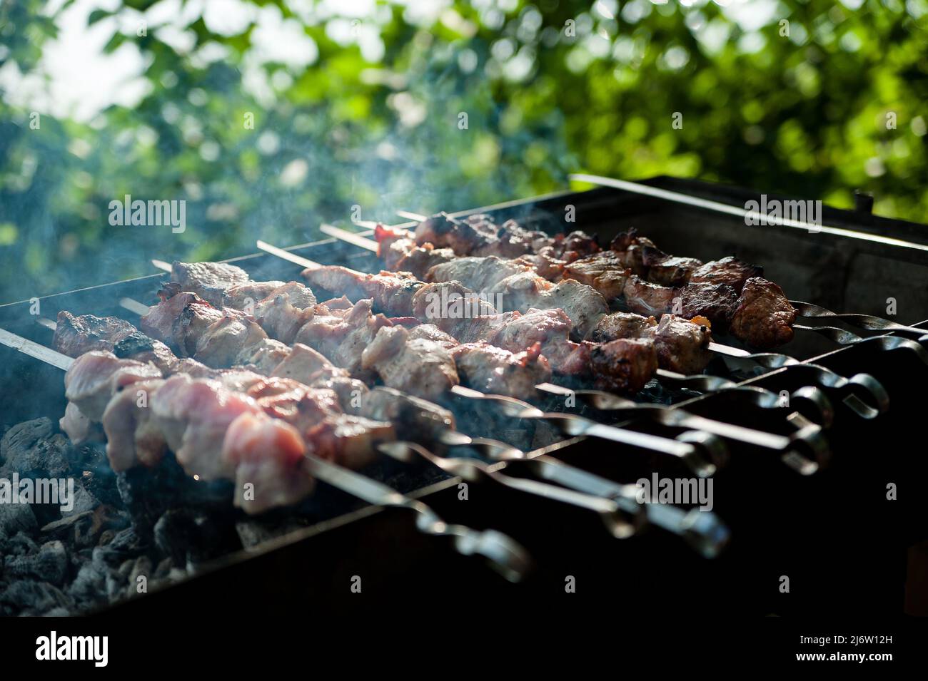 Cooking barbecue in nature. Camping and picnic Stock Photo - Alamy
